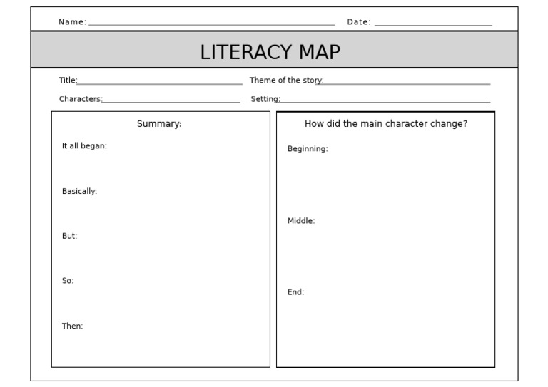 Literacy Map Worksheet in Black and White Simple Style | PDF