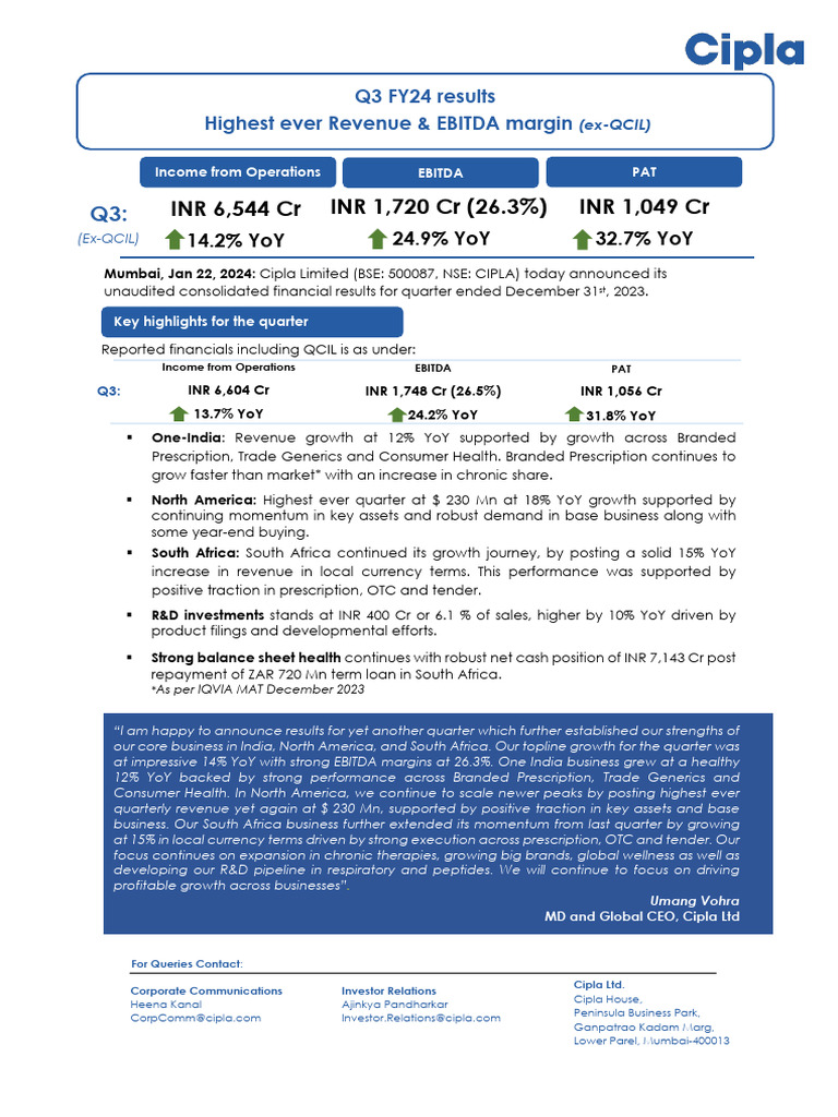 Cipla Q3FY24 Press Release | PDF | Balance Sheet | Economies