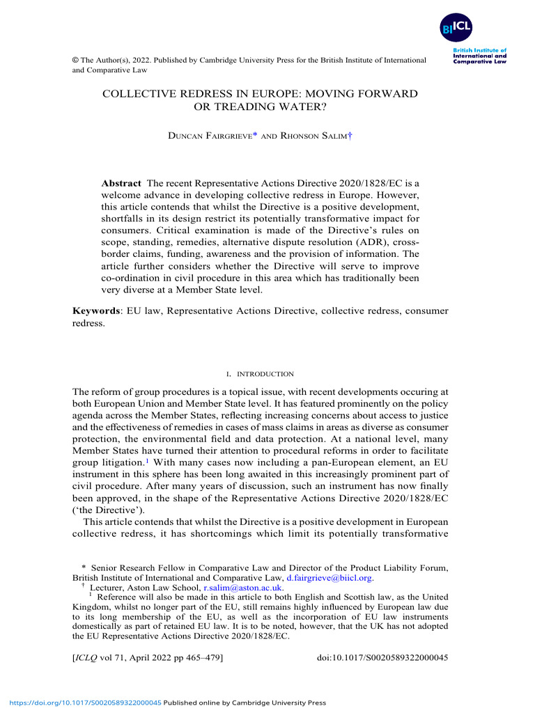 Collective Redress in Europe Moving Forward or Treading Water | PDF ...