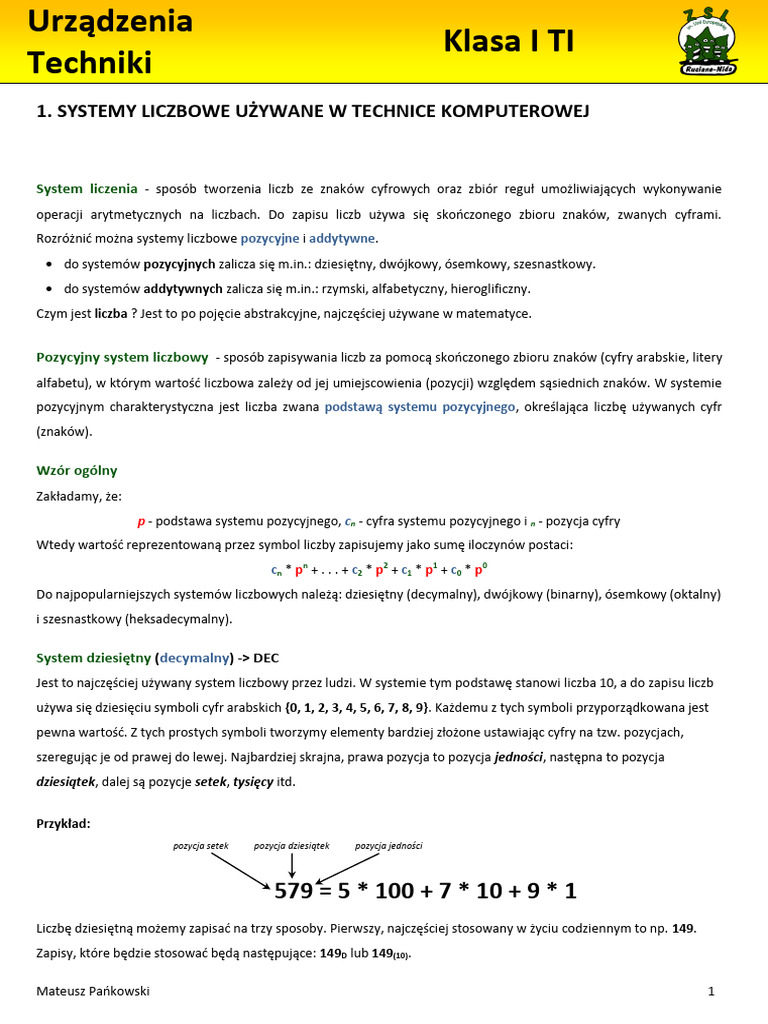 1 Pozycyjne Systemy Liczbowe | PDF