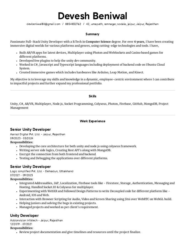 Devesh_CV | PDF | Augmented Reality | Unity (Game Engine)