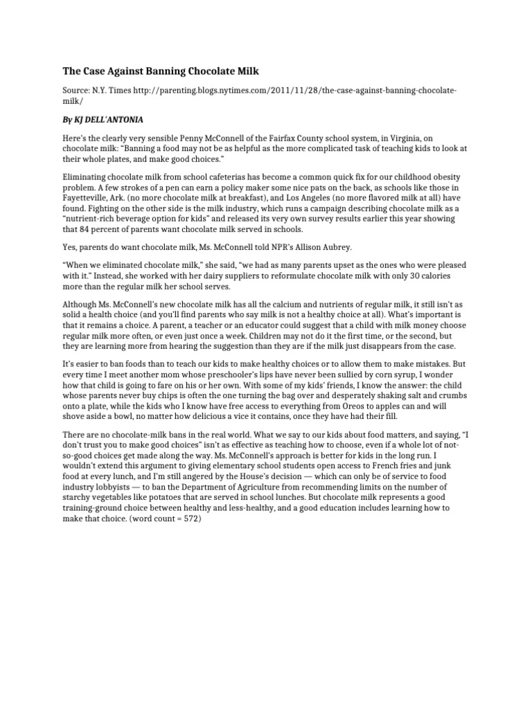 Article - Case Against Banning Chocolate Milk | PDF | Sugar | Diet ...