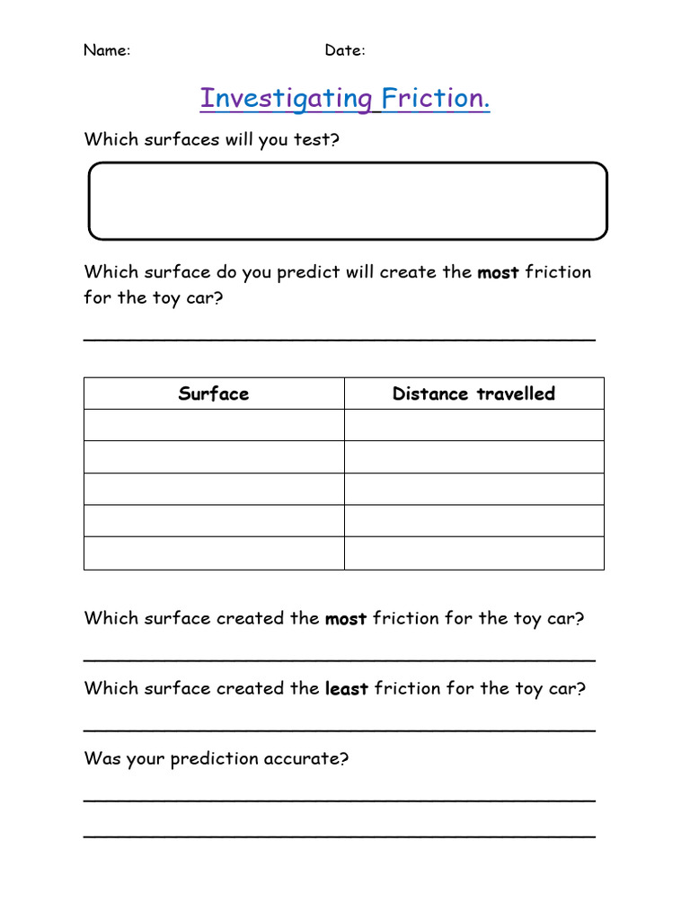 Friction Investigation Worksheet | PDF