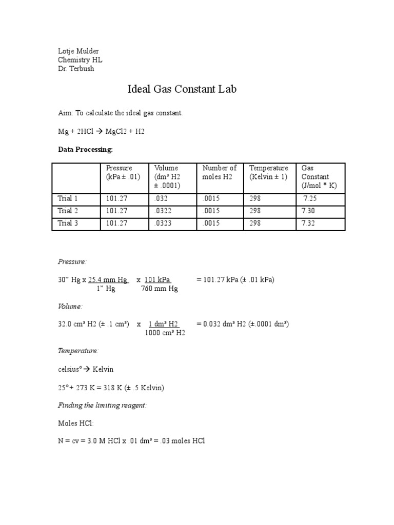 Ideal Gas Constant Lab Analysis | PDF | Mole (Unit) | Gases