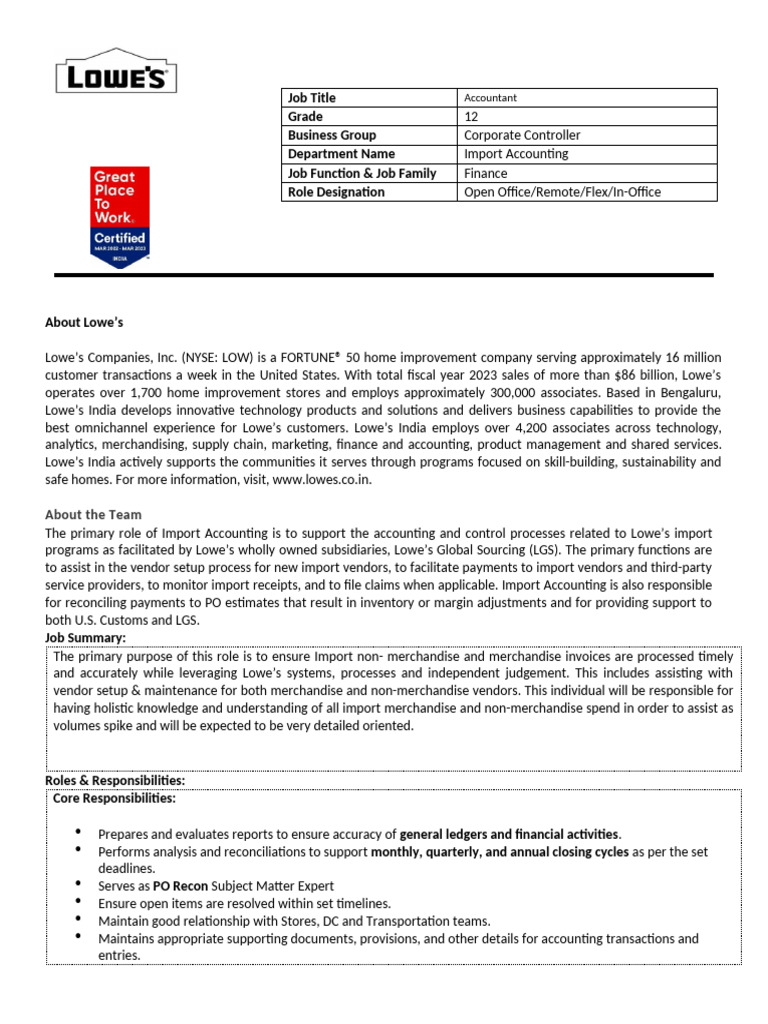 Job Description-Accountant - Lowes | PDF | Accounting | Gender