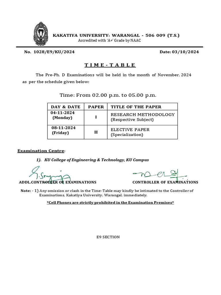 Pre-Ph.D. Time Table - 03-10-2024 | PDF