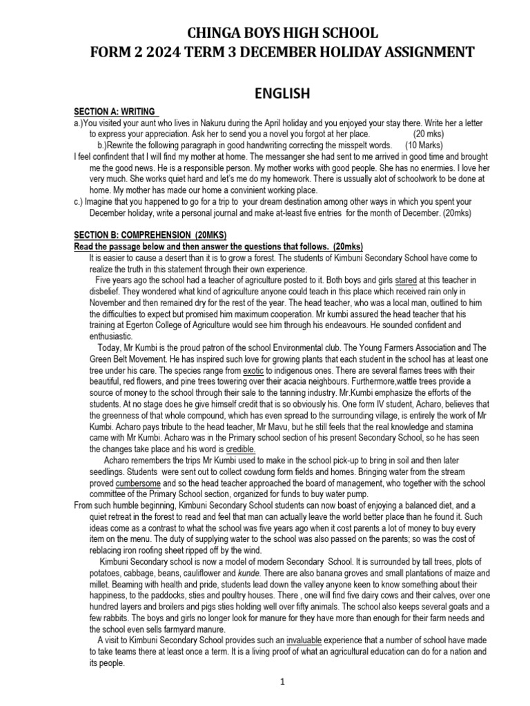 Cbhs Form One 2024 Term 3 December Holiday Assignmentl | PDF | Cell ...