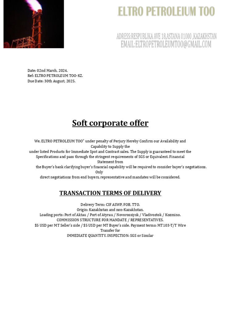Petroleum Supply Offer | PDF | Letter Of Credit | Receipt
