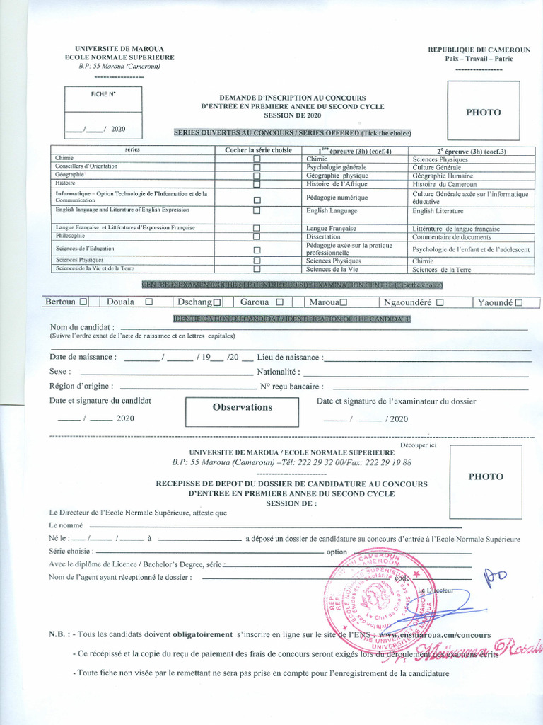 ENS Mra Fiche D'inscription Au Concours Second Cycle | PDF