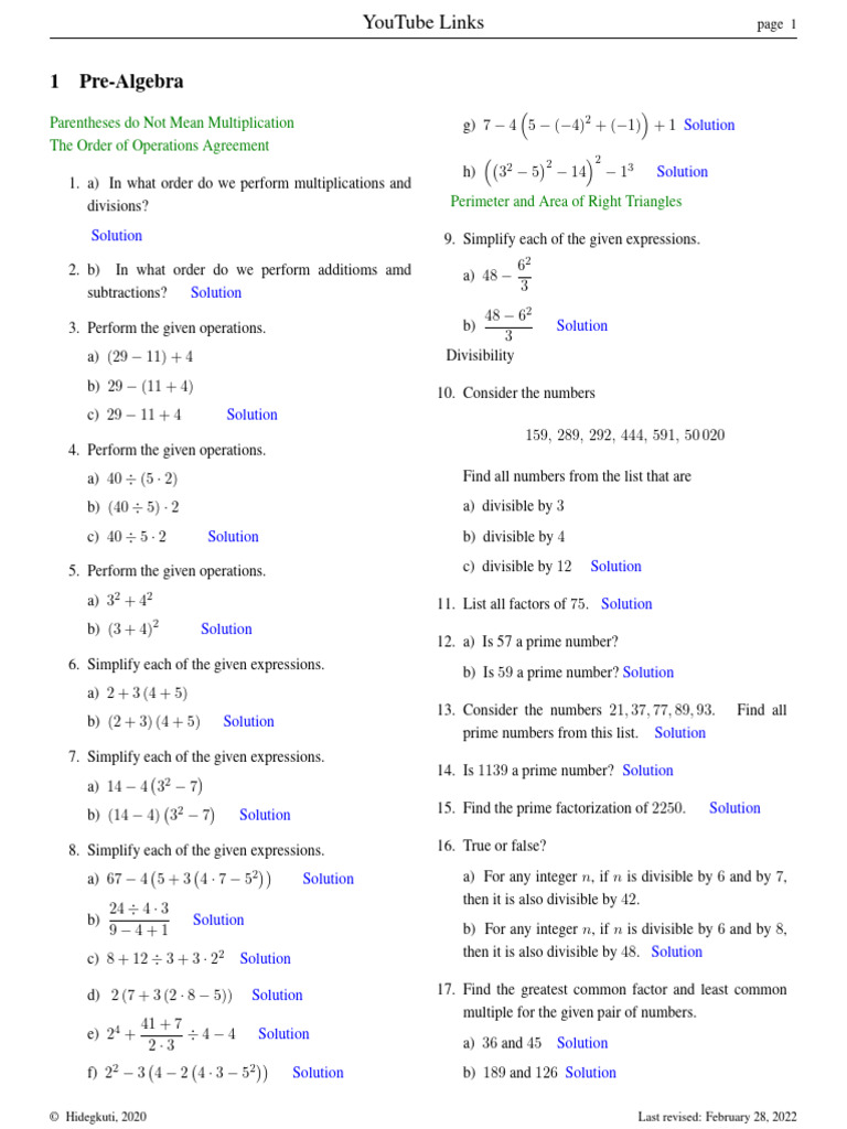 YouTube Links for Pre-Algebra Concepts | PDF | Area | Number Theory