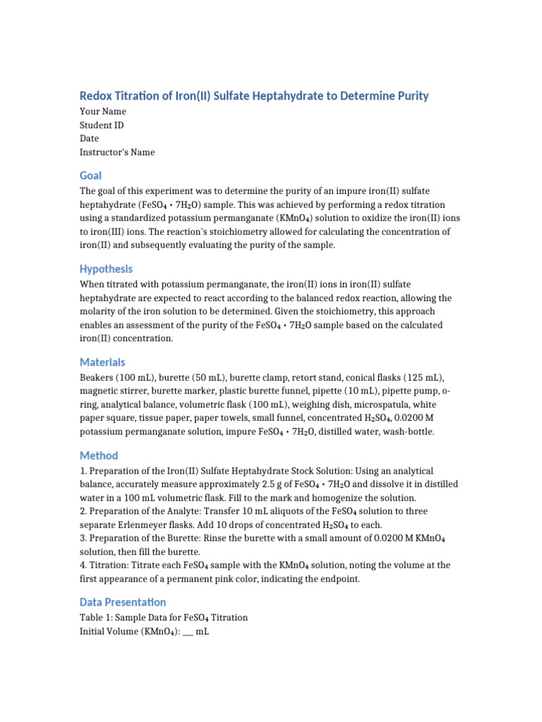 Redox - Titration - Lab - Report Dri | PDF | Titration | Chemistry