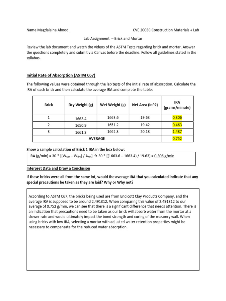 Abood - CVE2003C-Brick - Lab - Assignment | PDF | Brick | Strength Of ...