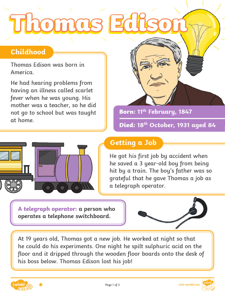Thomas Edison Reading Comprehension | PDF | English As A Second Or ...