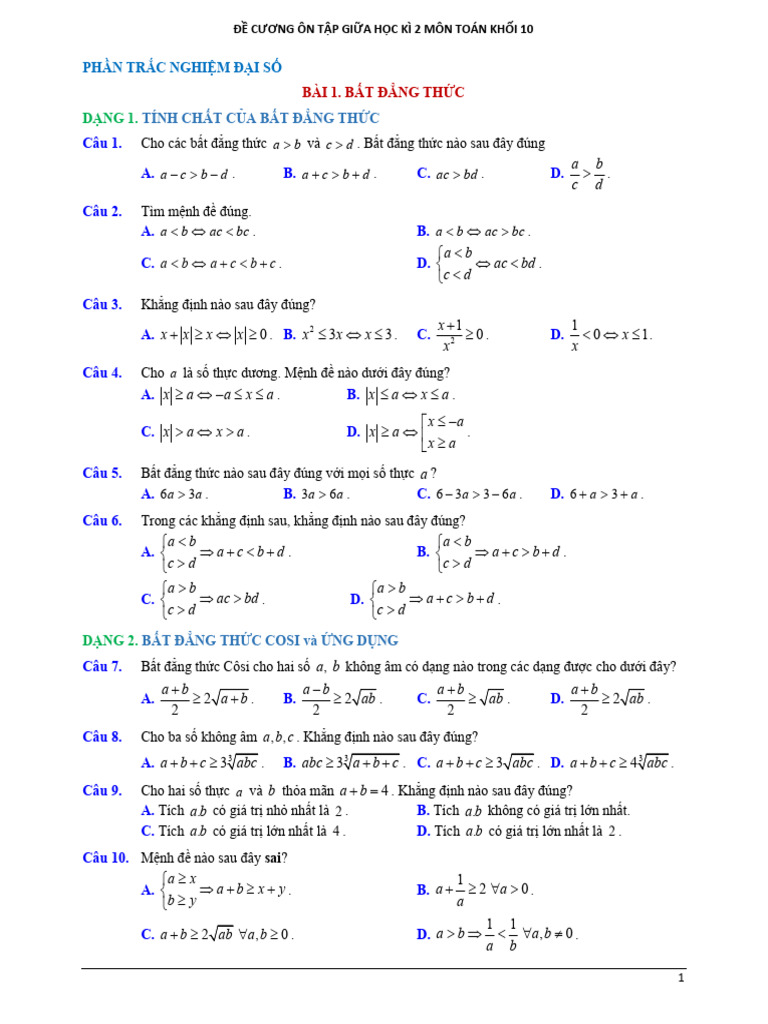 De Cuong On Tap Giua Hoc Ki 2 Mon Toan Khoi 10 | PDF