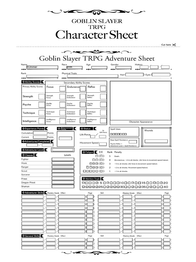 Goblin Slayer Character SH - Fillable Copy 5 | PDF