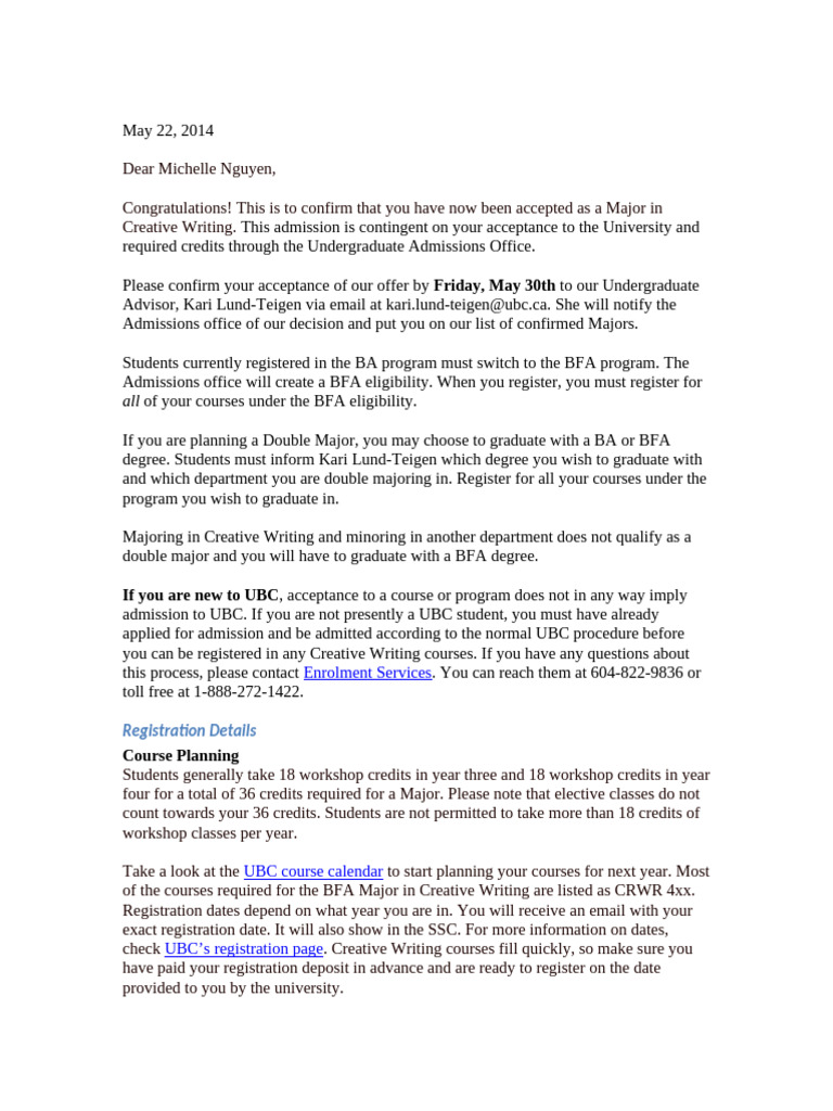 BFA 2014 Accepted Letter Michelle Nguyen | PDF | Career & Growth