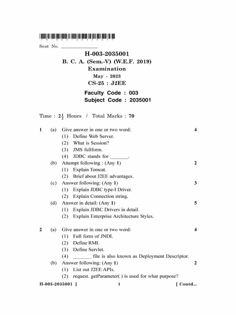 Bca Sem-5 (2019) (Suply) 2023 Cs-25 Advance Java Programming (J2EE) | PDF | Software ...