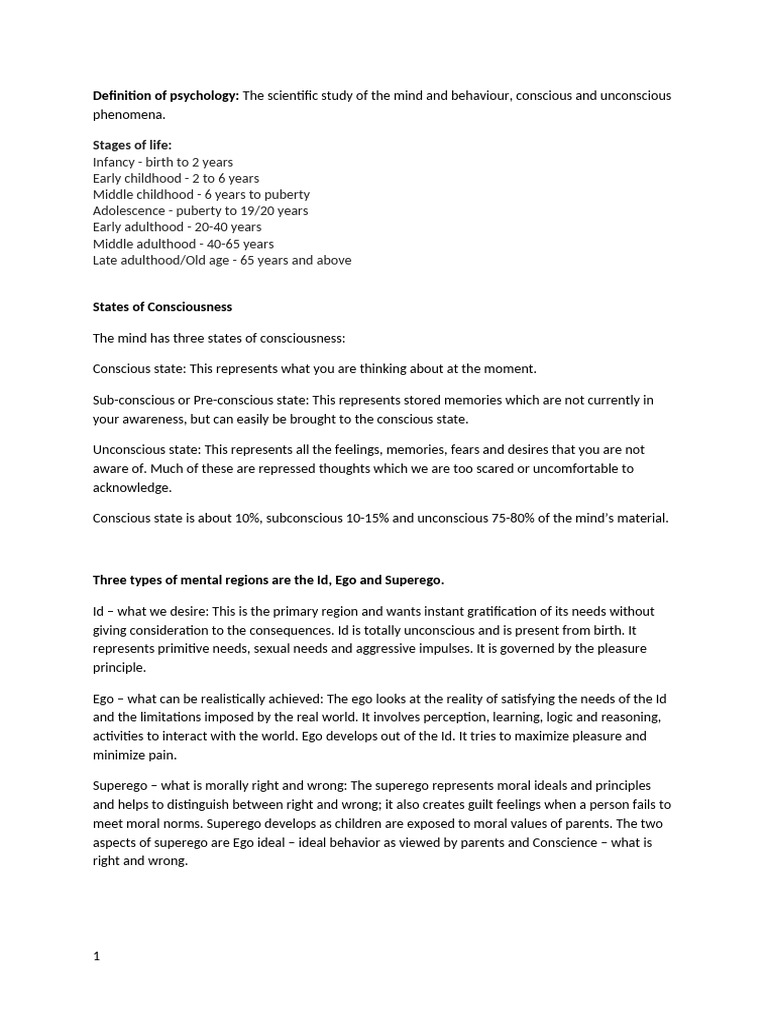 Psychology Notes | PDF | Id | Psychoanalysis