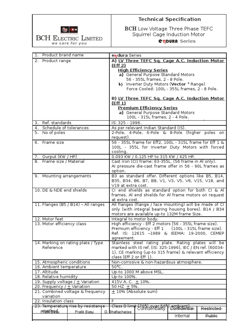 BCH Endura Series Motor - Product Specifications | PDF | Bearing (Mechanical) | Mechanical ...
