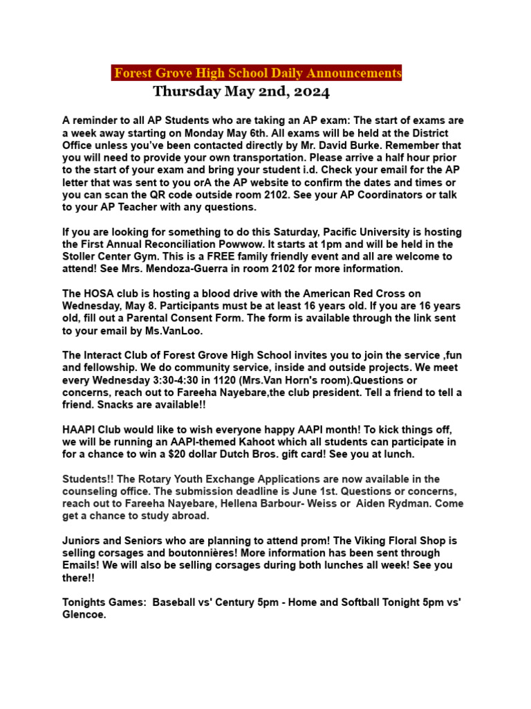 FGHS Daily Announcements | PDF