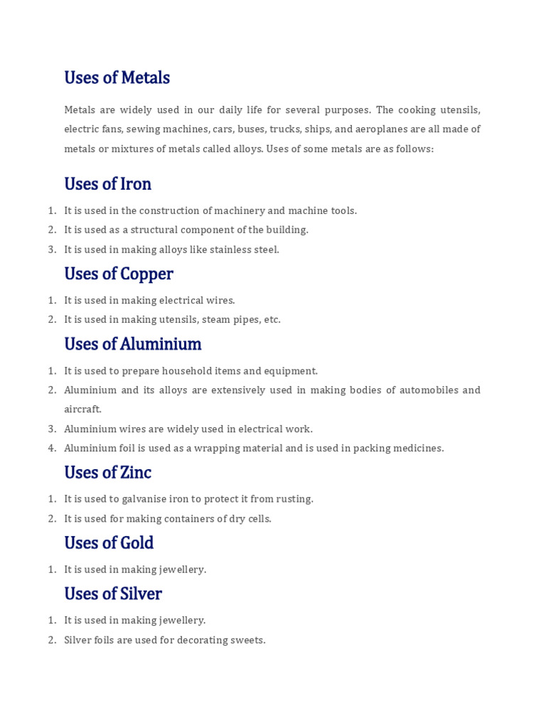 Essential Uses of Metals and Alloys | PDF | Metals | Carbon