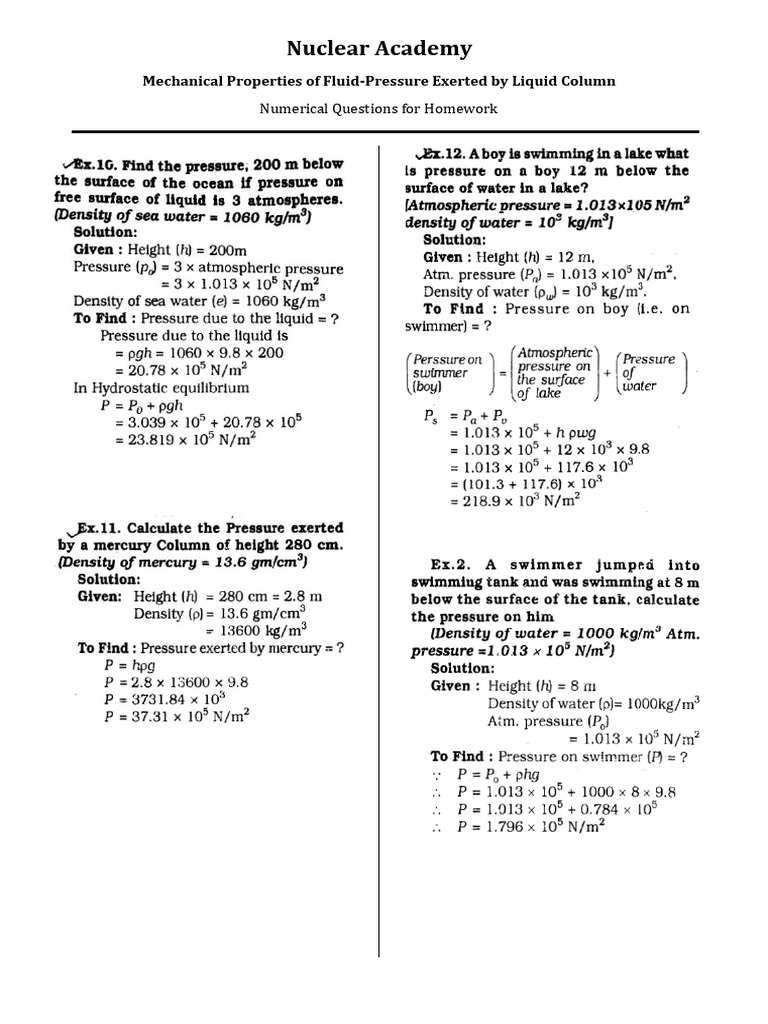 Assignment-Fluid Mechanics-Pressure by Fluid | PDF | Teaching Methods & Materials | Technology ...