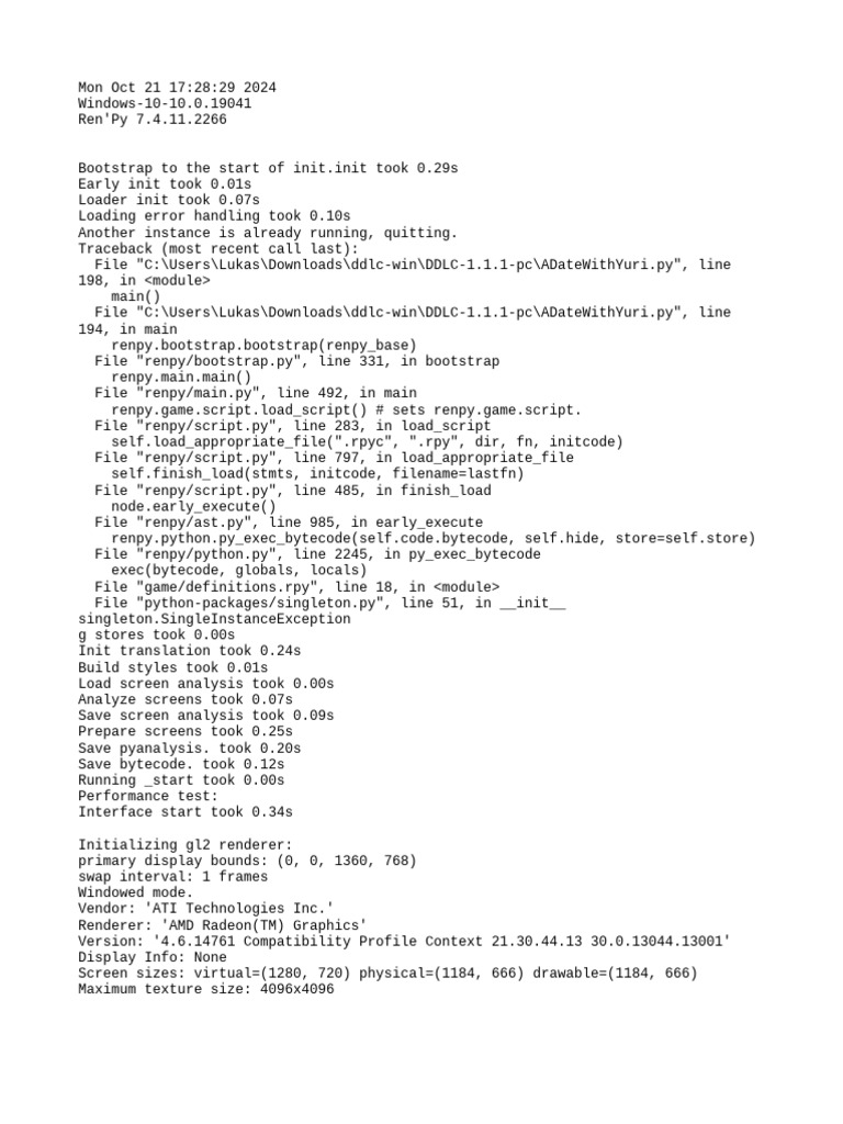 Ren'Py Game Error: SingleInstanceException | PDF