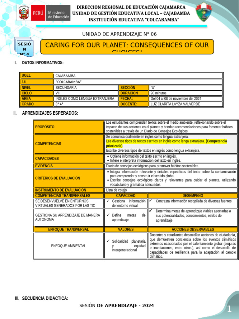 3° 4° Sesión de Aprendizaje Week #4 UNIT 7 | PDF | Evaluación | Aprendizaje