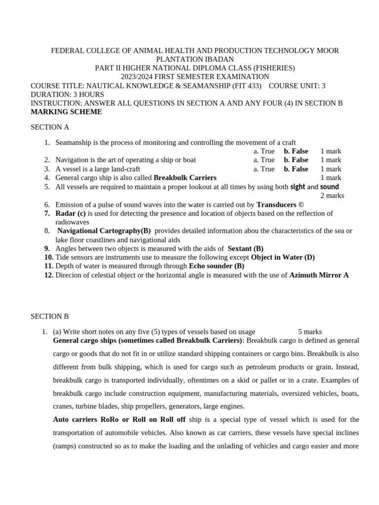 Marking Scheme FIT 433 Exam | PDF | Ships | Sonar