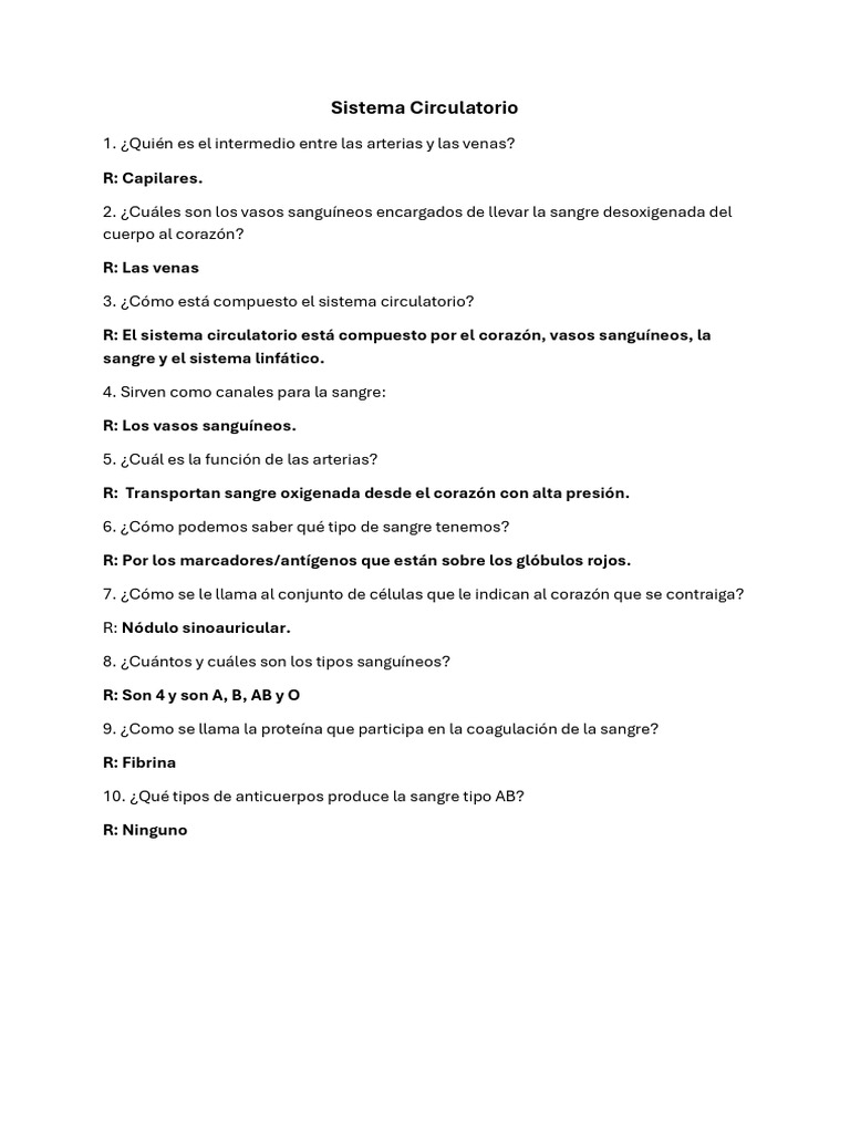 Preguntas sobre el Sistema Circulatorio | PDF
