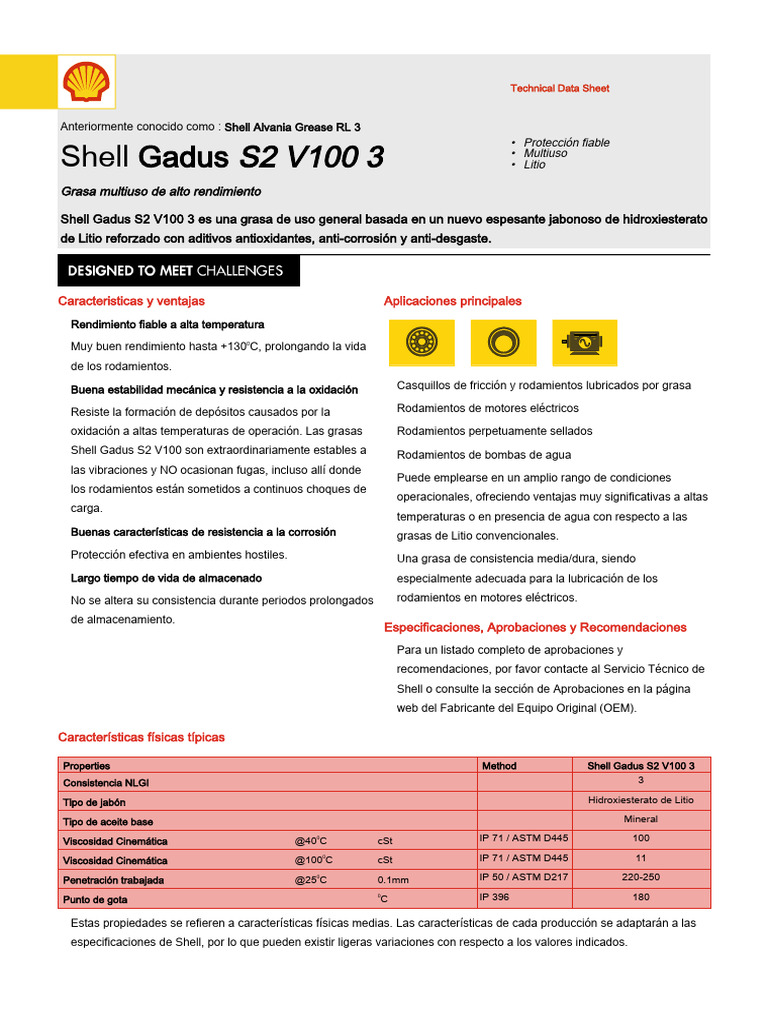 Grasa Shell Gadus S2 V100 3: Características | PDF | Rodamiento (Mecánico) | Materiales