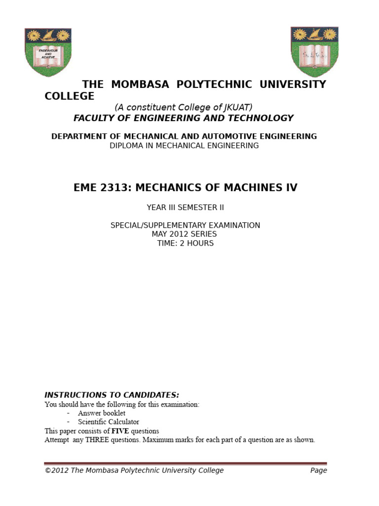 EME 2312 Mechanics of Machines IV | PDF | Torque | Mechanics