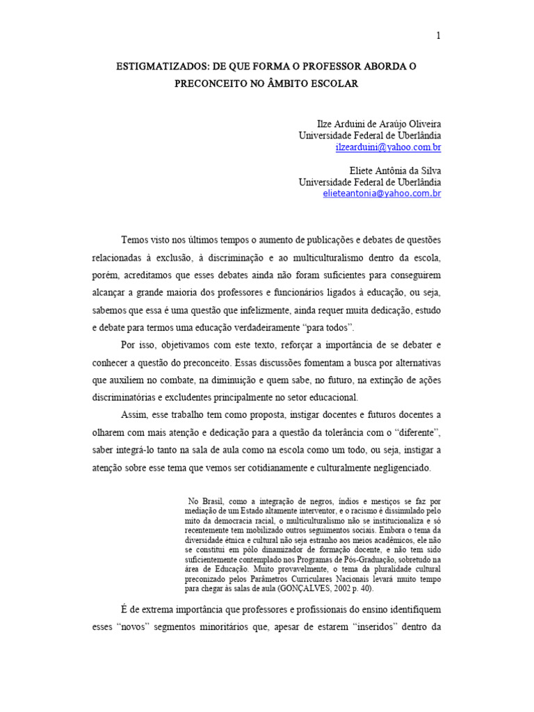 Estigmatizados: de Que Que Forma o Professor Aborda o Preconceito No ...