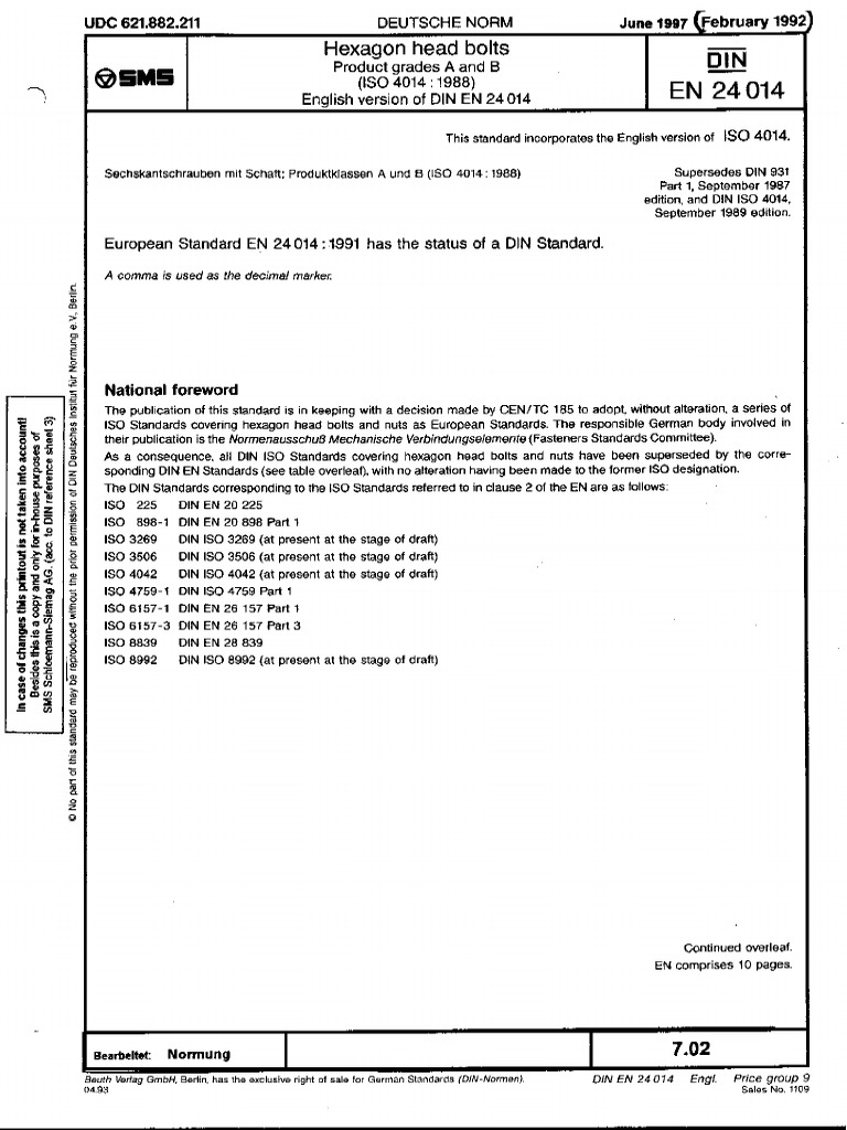 EN 24014 (1992) - Hexagonal Head Bolts (Tornillos Cabeza Exagonal) | PDF