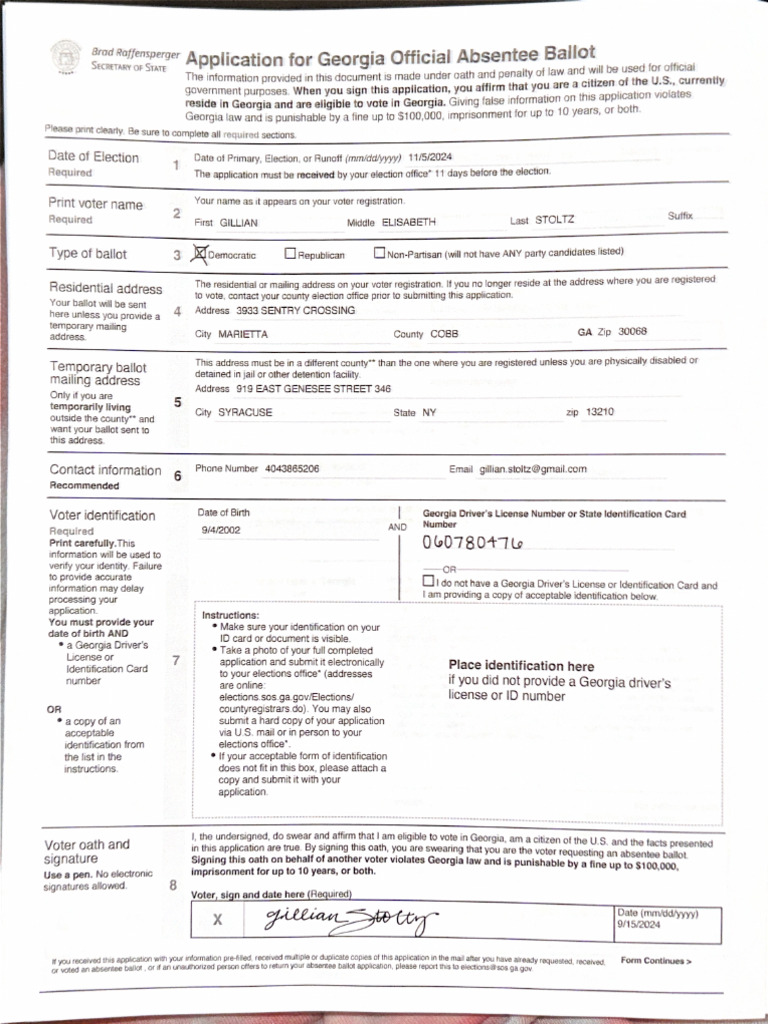 Application For Georgia Official Absentee Ballot | PDF