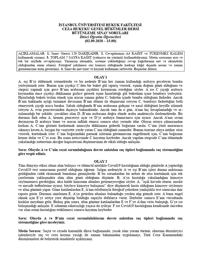 Ceza Genel Butunleme Aksam Ogetimi Soru Ve Cevap Anahtari | PDF