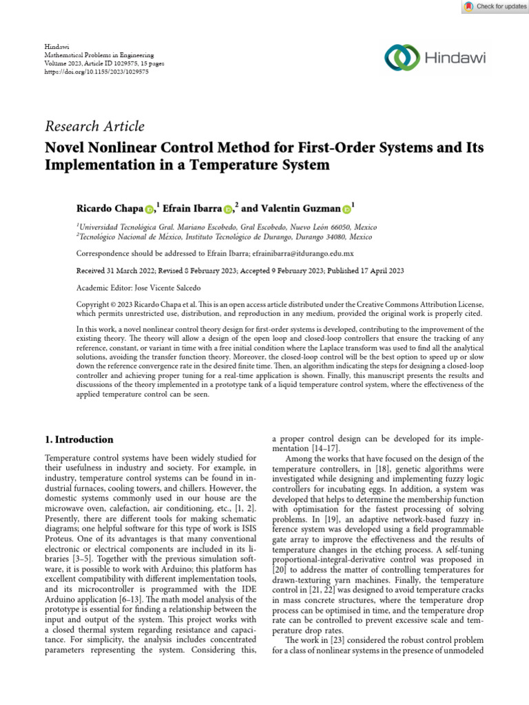 Mathematical Problems in Engineering - 2023 - Chapa - Novel Nonlinear Control Method For First ...