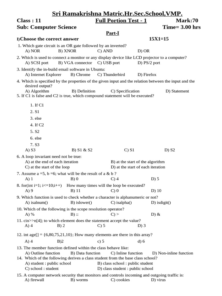11th Comp - Sci QP 1 (Online) | PDF | Computing | Computer Science