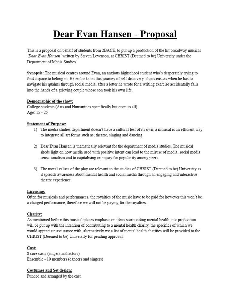 Dear Evan Hansen - Stage Production Prosal | PDF