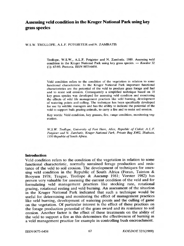 1989 Trollope Et Al Assessing Veld Condition in The Kruger National ...