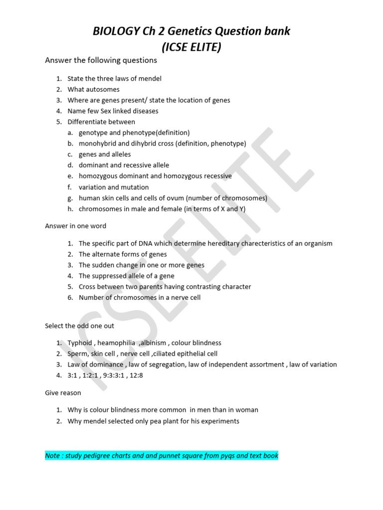 Biology Class 10 CH 2 Genetics Question Bank | PDF
