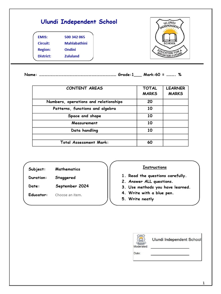 Grade 1 Term 3 Maths Assessment | PDF | Teaching Methods & Materials