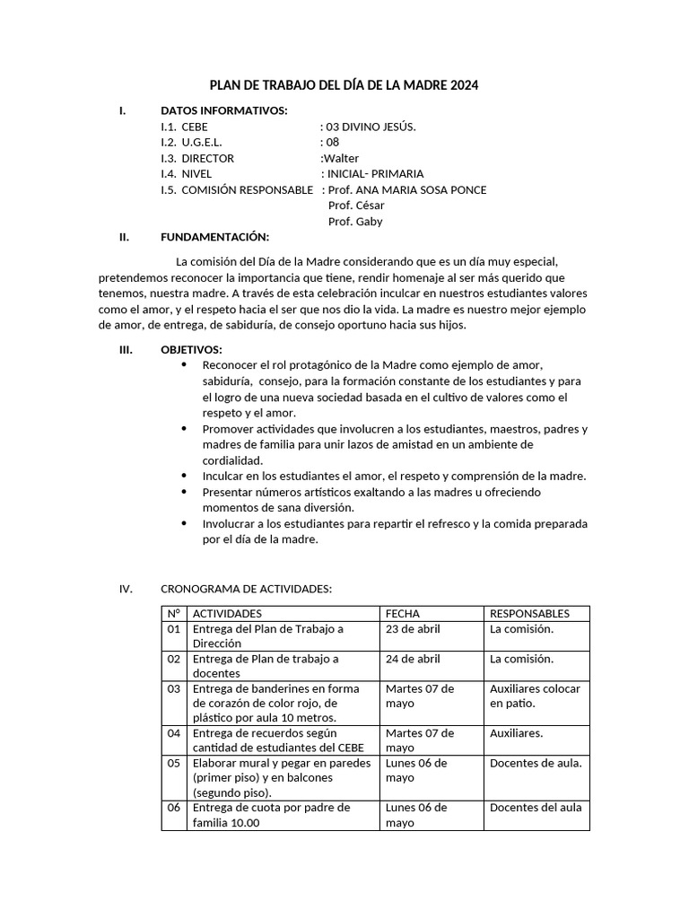 Plan Día de la Madre 2024 CEBE 03 | PDF