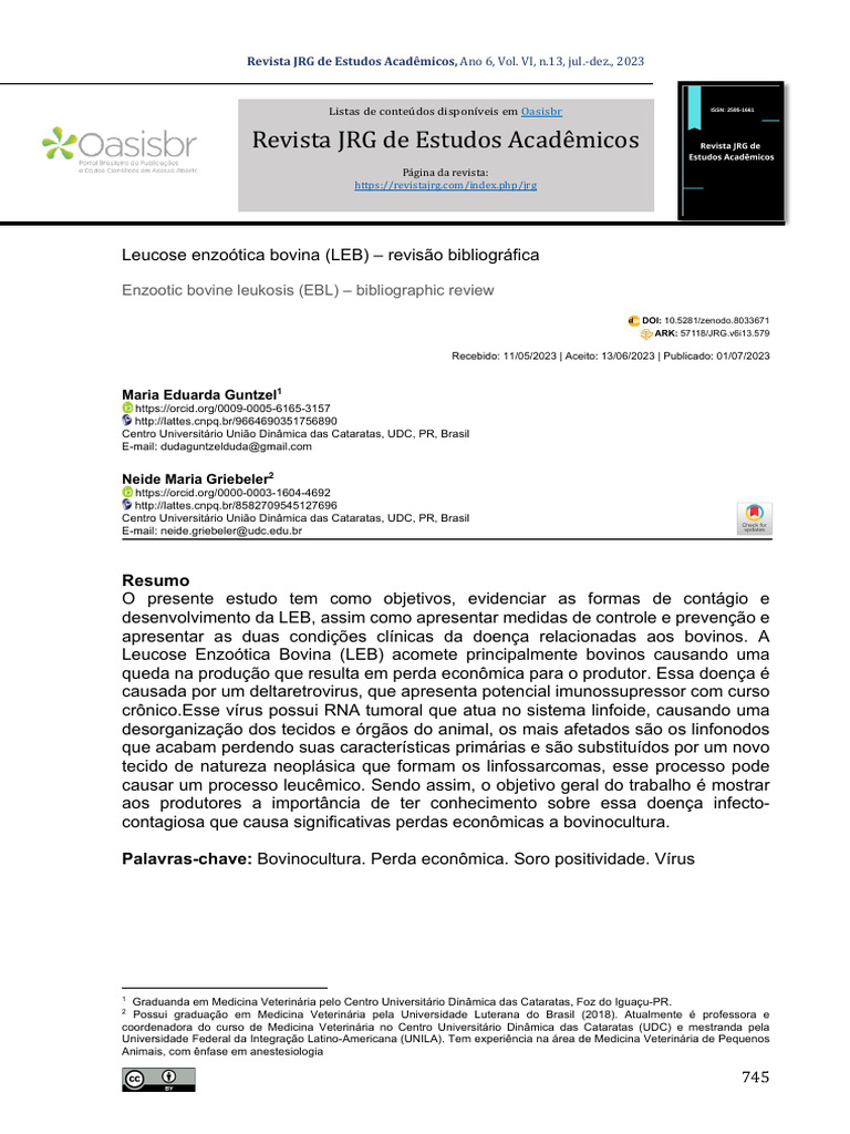 Leucose Enzoótica Bovina (LEB) - Revisão Bibliográfica | PDF | Vírus ...