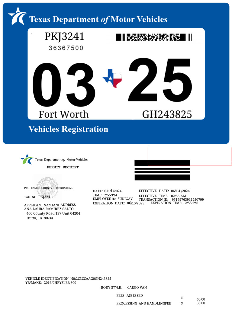Texas Vehicle Registration Permit | PDF