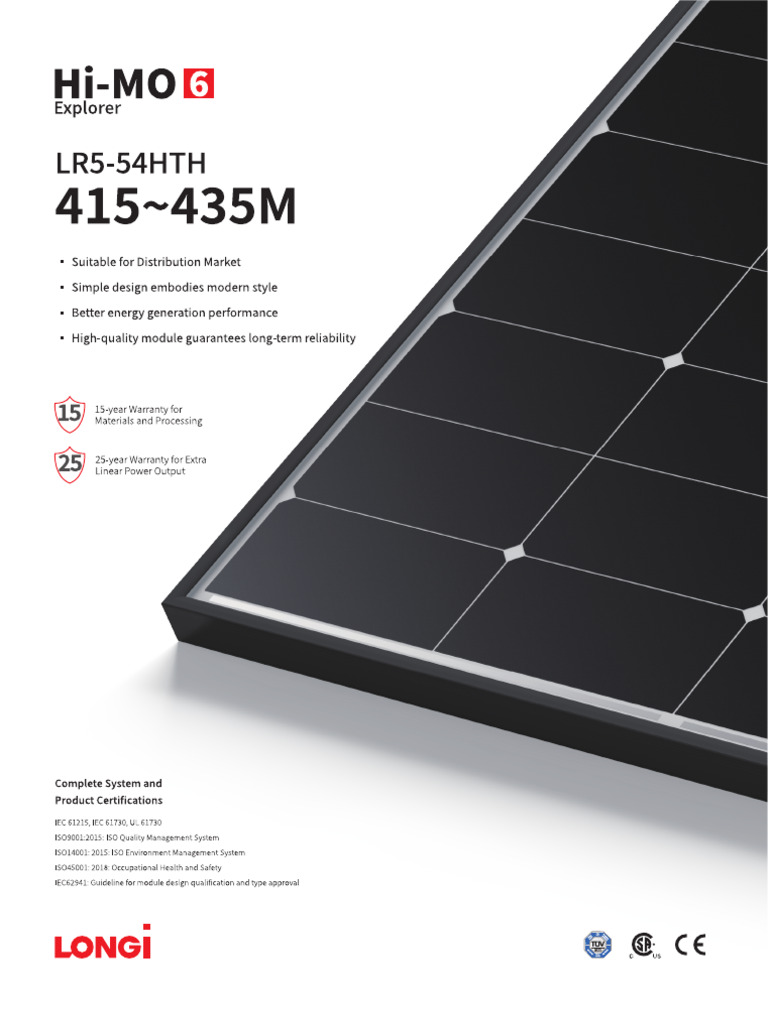 LONGi Data Sheet LR5-54HTH 435M - Black - Frame | PDF