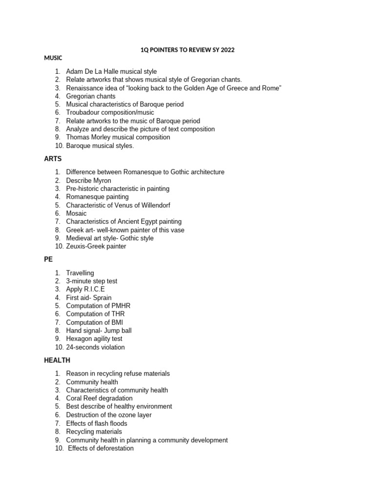1Q Mapeh 9 Pointers To Review Sy 2022 | PDF | Social Science