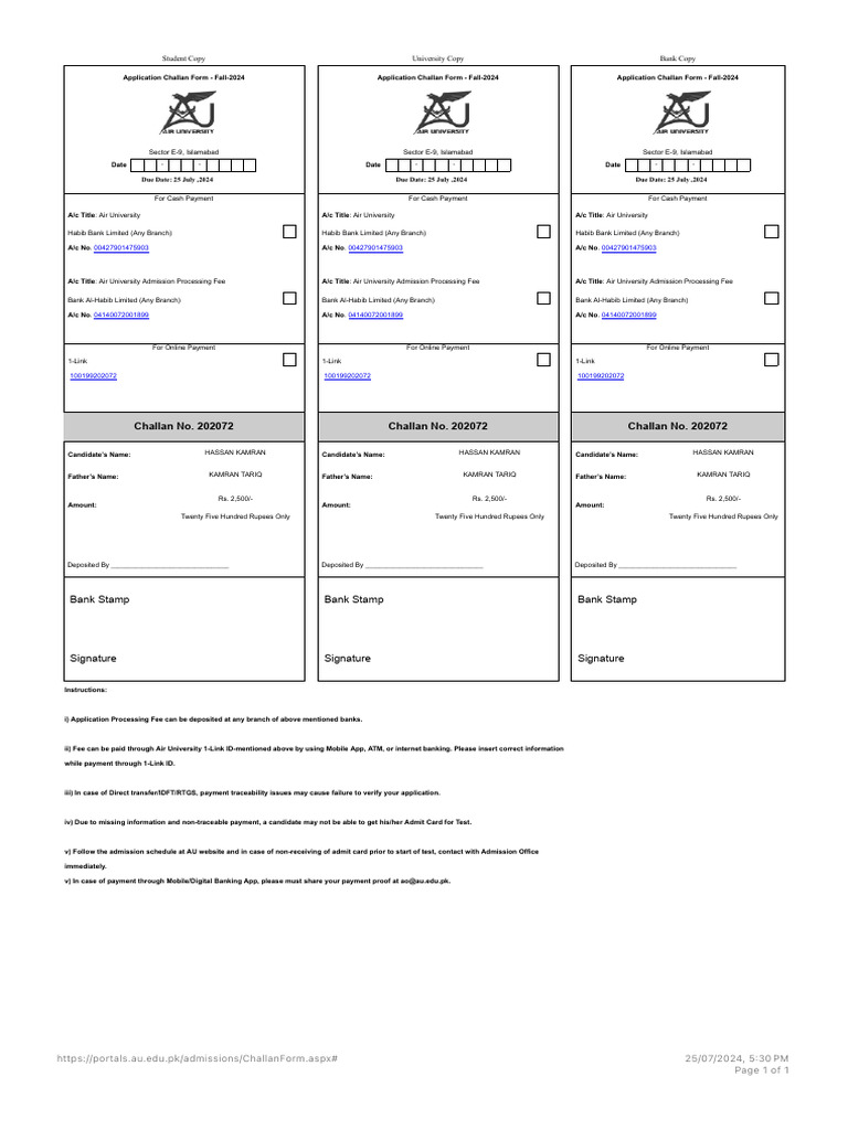 Challan Form - Air University | PDF | Banks | Financial Services