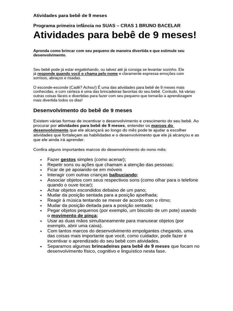 Atividades para Bebês de 9 Meses | PDF | Brinquedos | Aprendizado