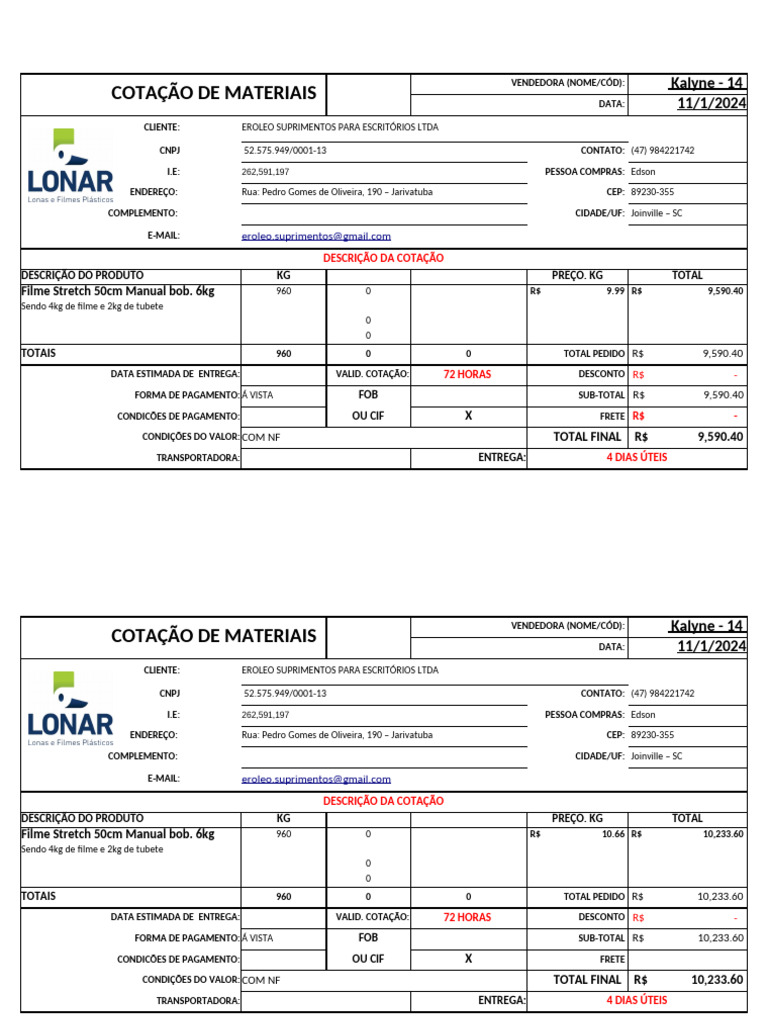 Modelo de Cotação Excel | PDF